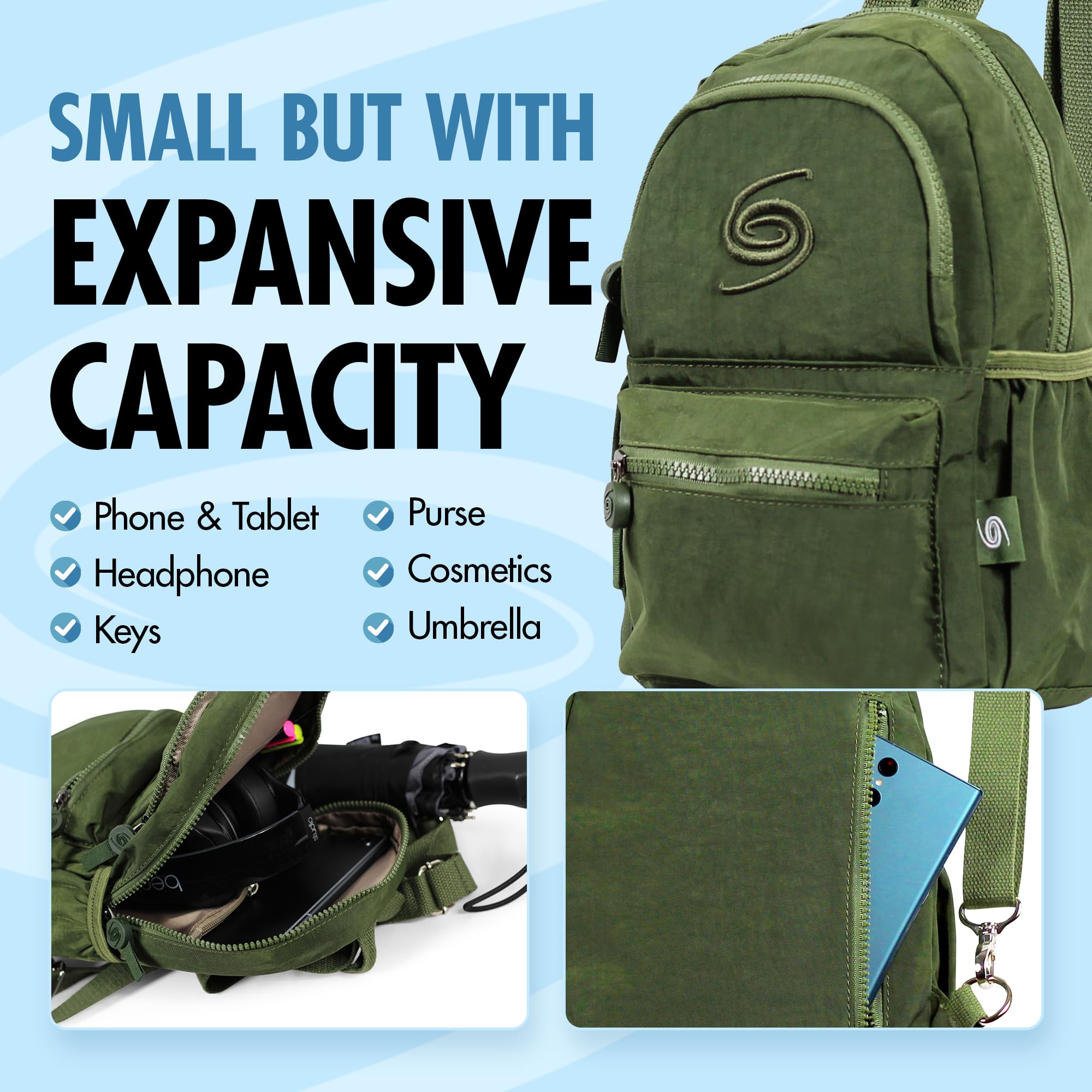 Grand Sierra Designs Mini Backpack for Women - Cute Crossbody Bags for Women W/Anti Theft Pocket - Multi Compartment Mini Backpack W/Expansive Storage for School, Traveling, Hiking, & more - Olive