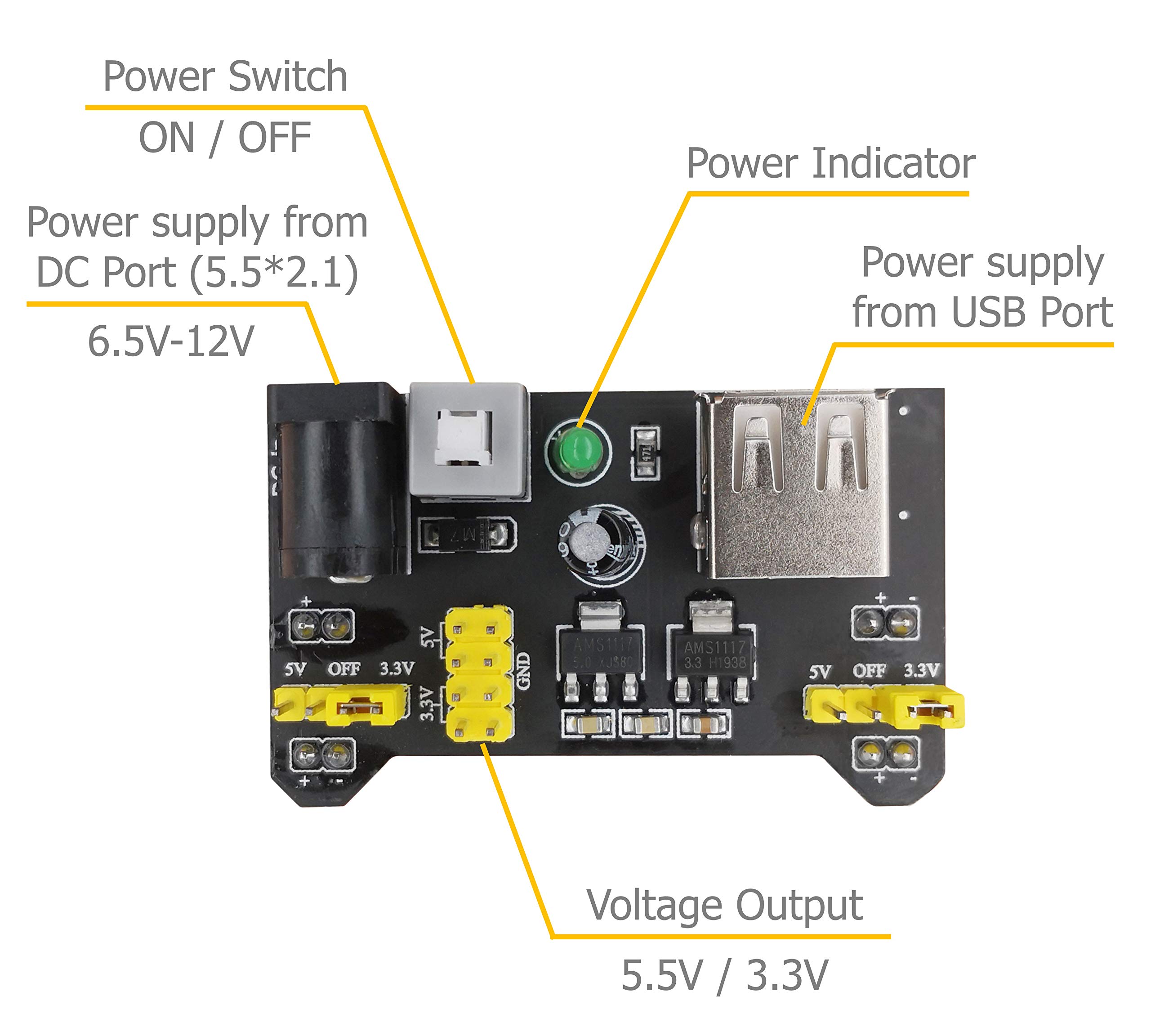 Excelity 3pcs 3.3V/5V Power Supply Module for MB102 Breadboard Kit with USB to 5.5 * 2.1mm Cord