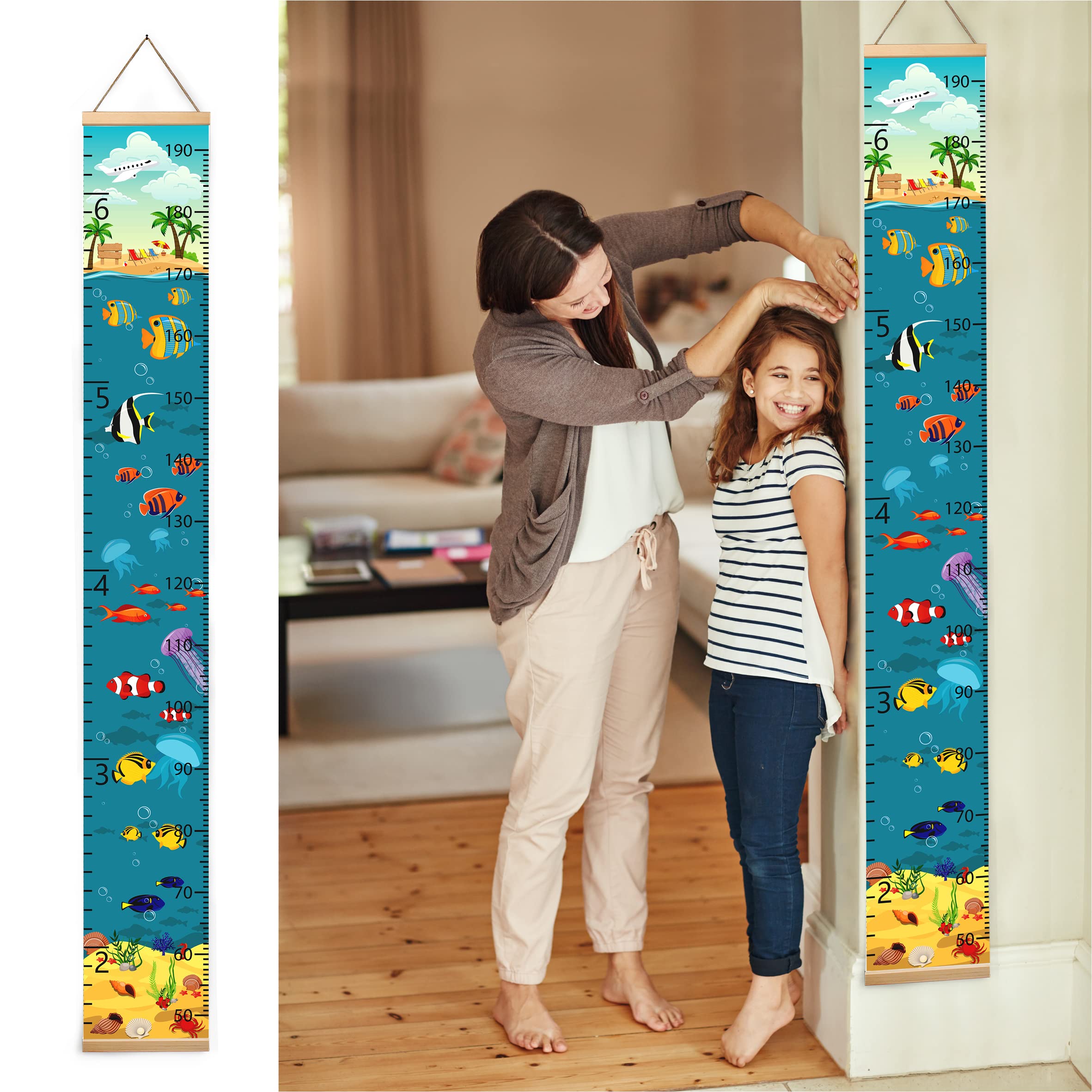 Growth Chart for Kids, Removable Canvas Wall Hanging Measurement Baby Height Growth Chart Ruler,Natural Wood Frame (Design 2)