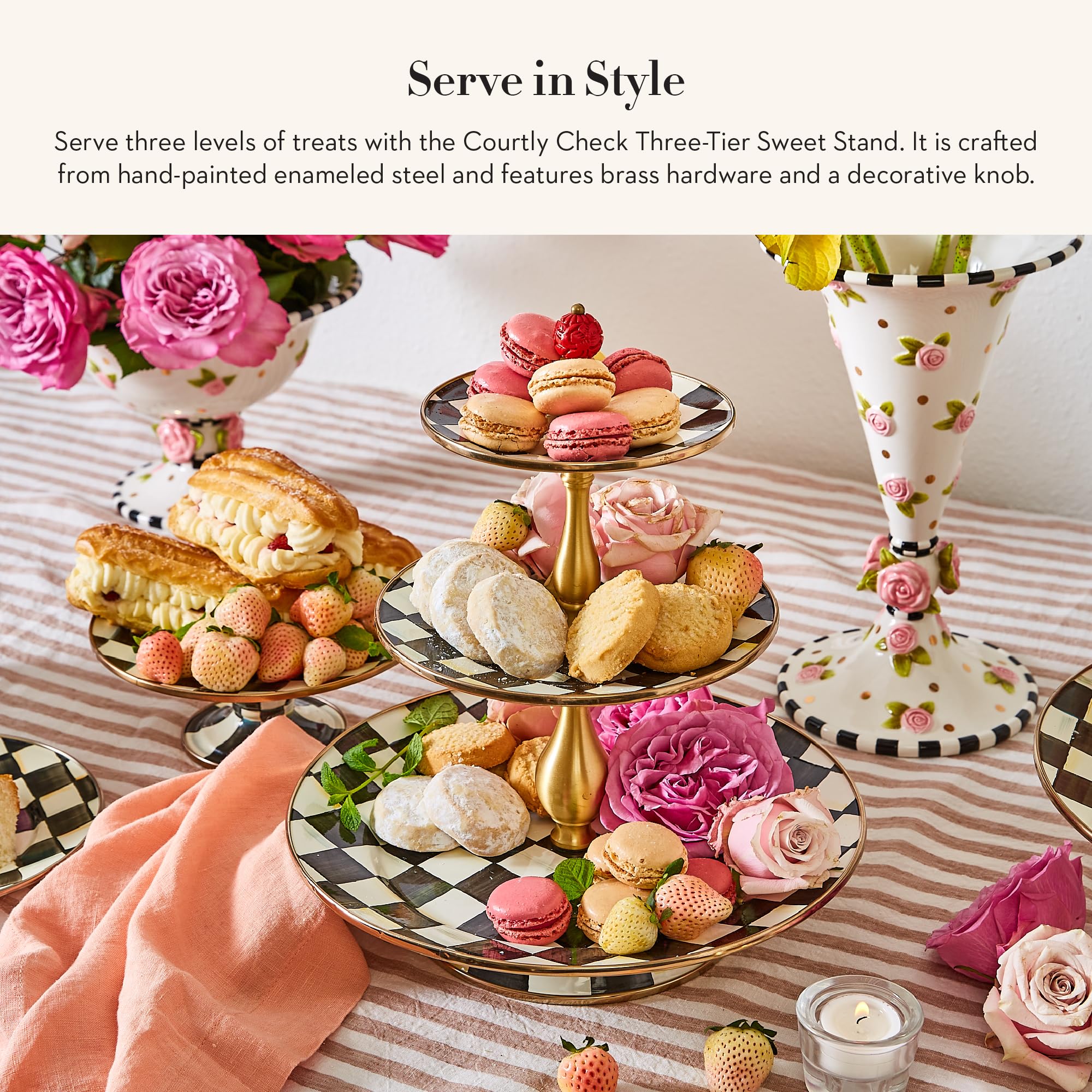 MACKENZIE-CHILDS Enamel Three-Tier Sweet Stand, Three-Tiered Serving-Tray Stand, Party Food Display, Black-and-White Courtly Check