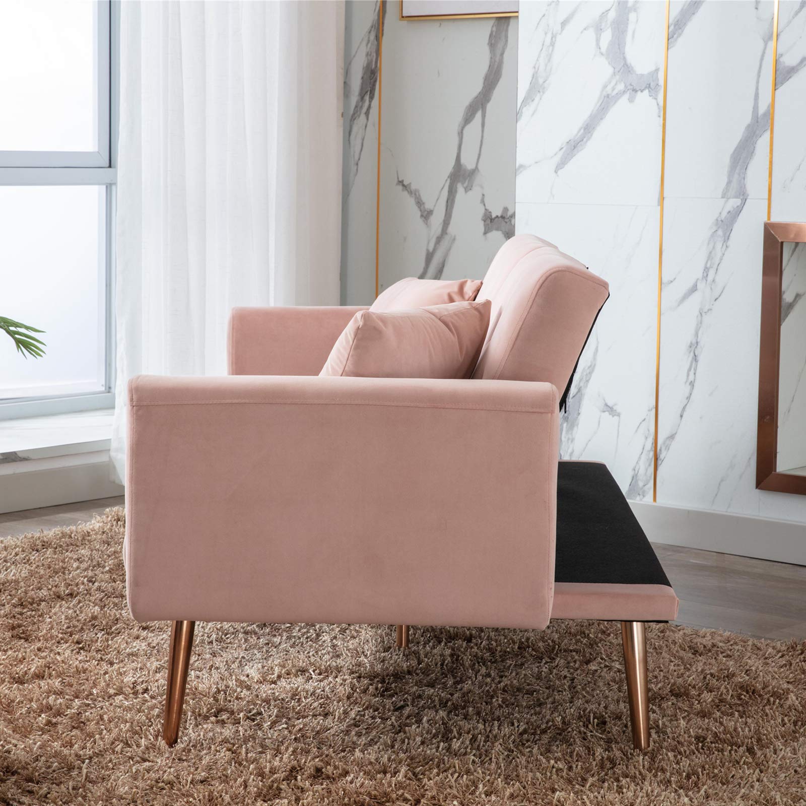 TITA-DONG Velvet Sofa Convertible Sleeper Sofa,Modern Tufted Sofa Bed with 2 Throw Pillow & Gold Plating Base 5 Leg, Adjustable Folding Accent Sofa Couch for Living Room