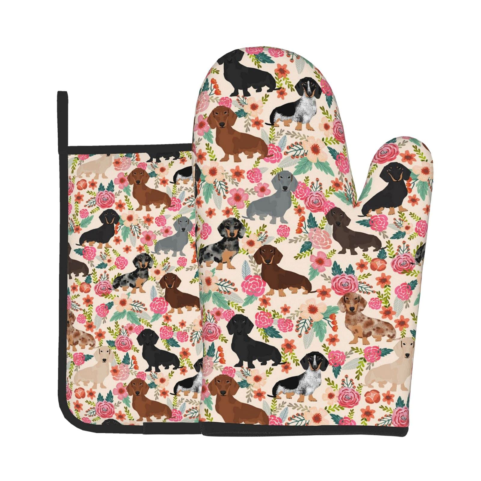 Hitamus Floral Dachshunds Oven Mitts and Pot Holders Sets, Heat Resistant Kitchen Microwave Gloves Non-Slip Pot Pads for Grilling Baking Cooking BBQ (Set of 2)