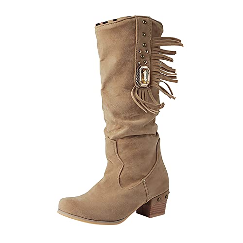 FASDNENDYS Womens Pointed Toe Knee High Boots Rhinestone Boots Fashion Color Boots Inner Soles Mens Shoes Khaki