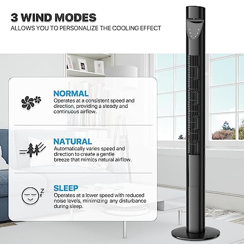 mollie Oscillating Quiet Tower Fan with Remote Control 3 Speeds 12H Timer Portable LED Display 47 Inch Electric Air Circulator Cooling Floor Standing Fan for Home Bedroom Office Living Room Black