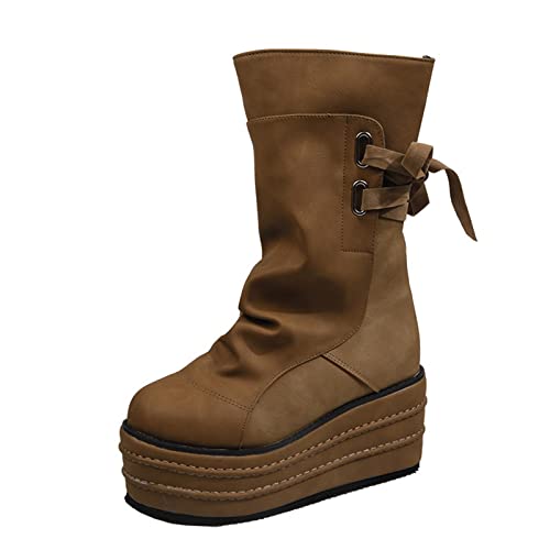 FASDNENDYS Womens Pointed Toe Knee High Boots Laceup Retro Breathable Thicksoled Shoes Winter Winter Snow Boot Brown