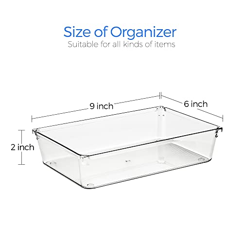 Ravinte 6 Pack Drawer Organizer - 6" X 9" Plastic Storage Bins, Acrylic Organizers with Non-Slip Pads Clear Desk Storage Tray for Makeup, Jewelries, Kitchen Utensils, Bathroom and Office