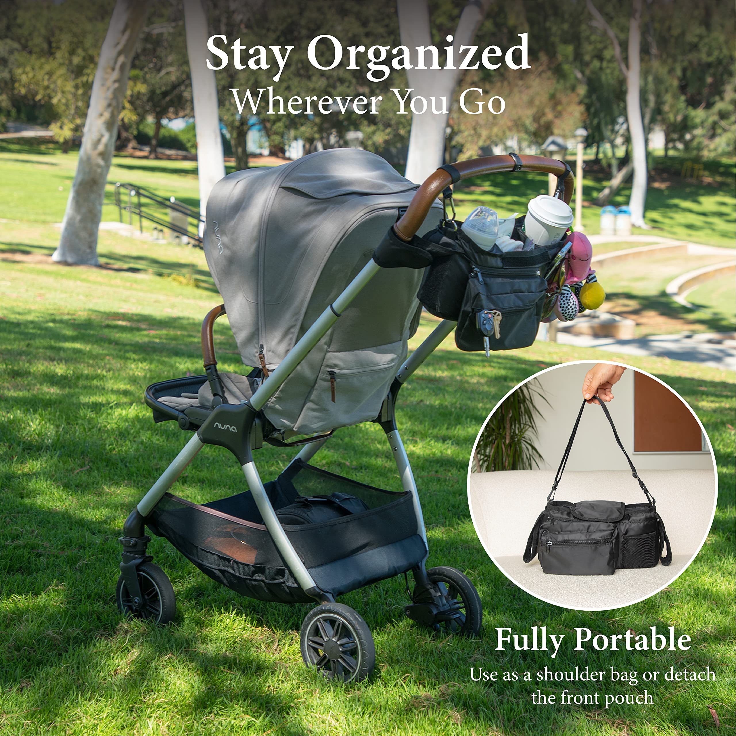Pharmedoc Universal Stroller Organizer with Cup Holder, Stroller Caddy, Cup holder, Phone Holder Pocket, Detachable Zippered Pouch