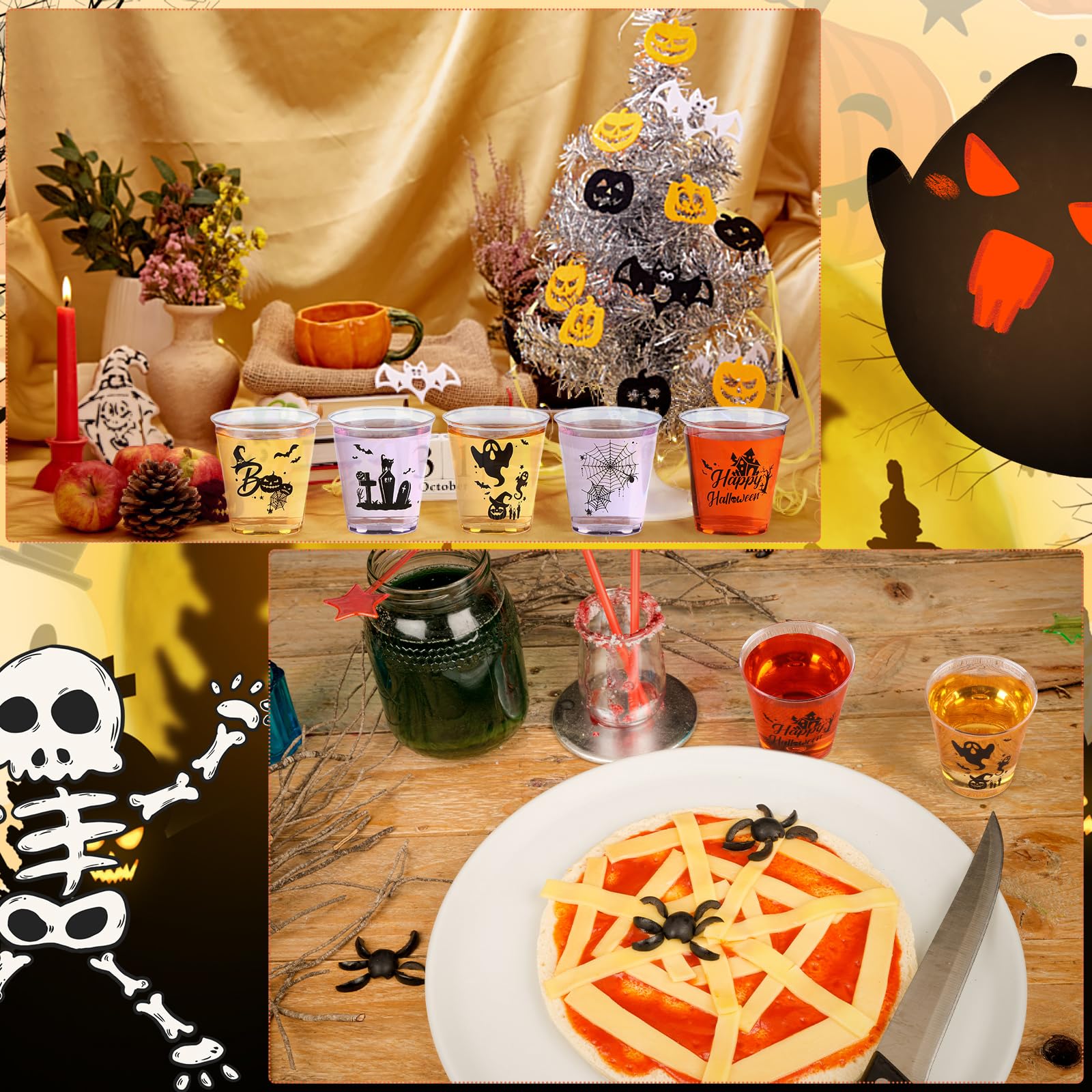 Roshtia 120 Pieces Halloween Plastic Shot Glasses Disposable Cups 2oz Pumpkin Ghost Witch Bat Printed Plastic Cups for Halloween Party Supplies Beverage Ice Cream Snacks Candy Favors, 6 Styles
