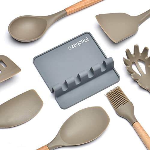 Silicone kitchenware mat-multi-spoon rack for kitchen countertops, cutlery rack with drip pad, suitable for cooking utensils such as barbecue tongs, spoons, etc., essential for party kitchens (grey)