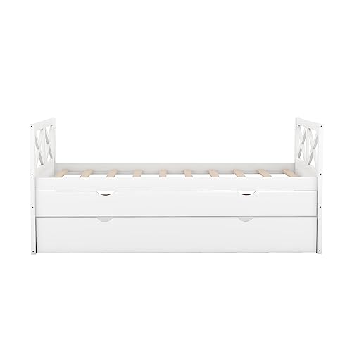 TARTOP Daybed with Pull Out Trundle, Daybed with 2 Storage Drawers, Captain Daybed with Trundle, Twin Sofa Bed with Trundle for Bedroom Living,White