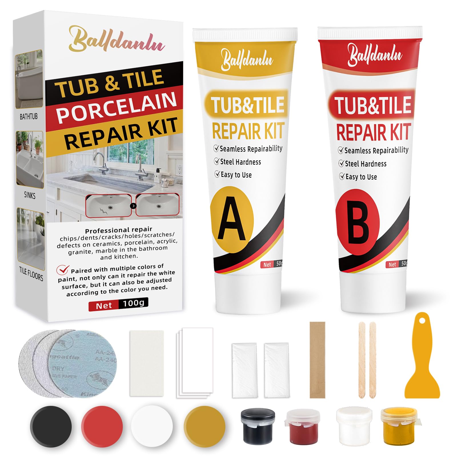 Porcelain Repair Kit, Fiberglass Tub and Tile Repair Kit Quick Repair Bathtub, Ceramic, Toilet, Tray, Resin, Marble Shower Sink, Acrylic Quartz, Super Adhesion to Fix Cracks Chips and Dents (White)