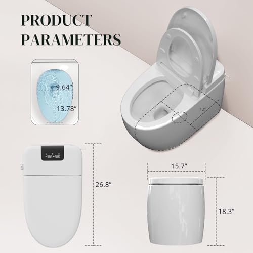 Smart Toilet, One-Piece Tankless Bidet Toilet with Auto Flush, Heated Seat, Auto Open & Close Lid, Foot Sensor, Warm Water Sprayer & Dryer, LED Nightlight, Remote and Knob Control for Janitorial