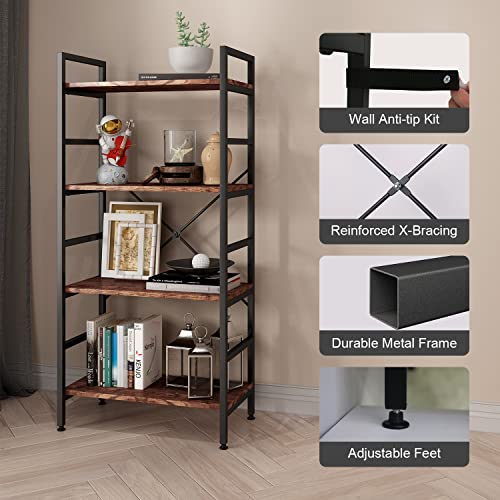 MIOCASA 4 Tier Bookshelf, Adjustable Industrial Bookshelves Organizer, Rustic Wood and Metal Standing Shelving Unit Storage, Tall Display for Living Room, Bedroom and Office (4 Tier Bookshelf)