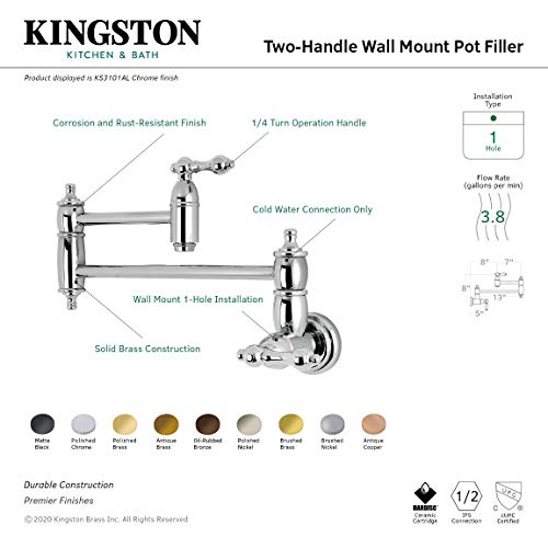 Kingston Brass KS3100AL Restoration Wall Mount Pot Filler Kitchen Faucet, 13 Inch Length, Matte Black