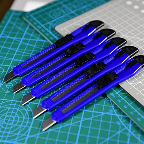 KINBRIEF 9mm Utility Knife Retractable Razor Box cutter for Cartons,Carboards compact Pack 5 with 10 Snap off Blades for Office and Home,blue