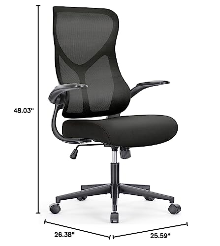 Office Chair, Ergonomic Desk Chair with Flip-up Arms, Breathable Mesh Computer Chair with Lumbar Support, Height Adjustable High Back Swivel Rolling Chair for Home, Office, Study, Conference, Black