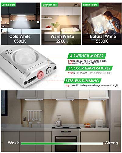 goodland Under Cabinet Lighting 80 LED Closet Light, Motion Sensor Lights Indoor USB Rechargeable Dimmable Wireless Stick-on Night Light Bar for Kitchen, Wardrobe, Garage, Stairs, Bedroom (3 Packs)