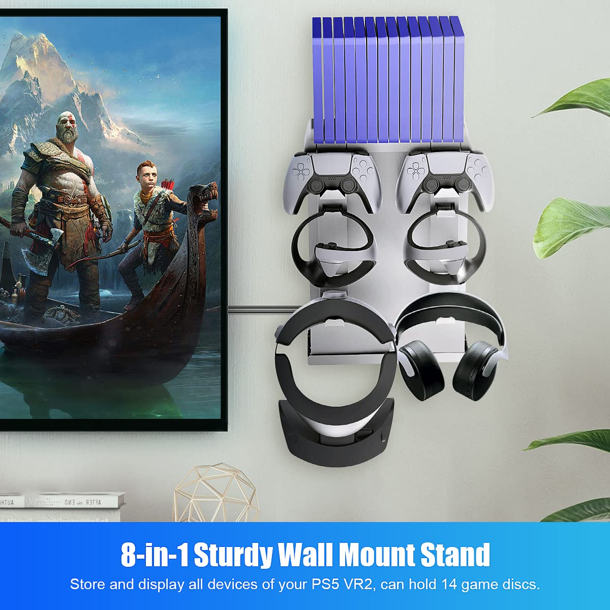 Jhua PS5 Wall Mount for Playstation 5 Wall Mount Sturdy Steel Wall Shelf for Playstation 5 Disc and Digital Edition 8-in-1 PS5 Wall Bracket Controller Holder Headphone Hanger Game Discs Storage Stand
