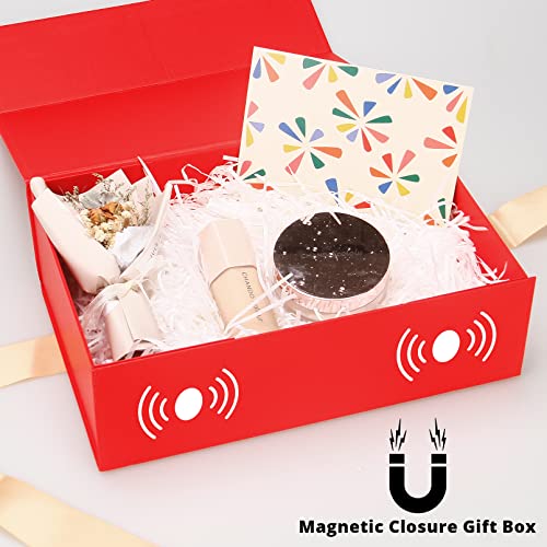 MONDEPAC Gift Box 11x7.5x3.5 Inches,Red Gift Boxes with Magnetic Lid,Christmas Gift Box Contains Card, Ribbon, Shredded Paper Filler Gift Box for Gift Packaging,Christmas Birthdays Gift Packaging