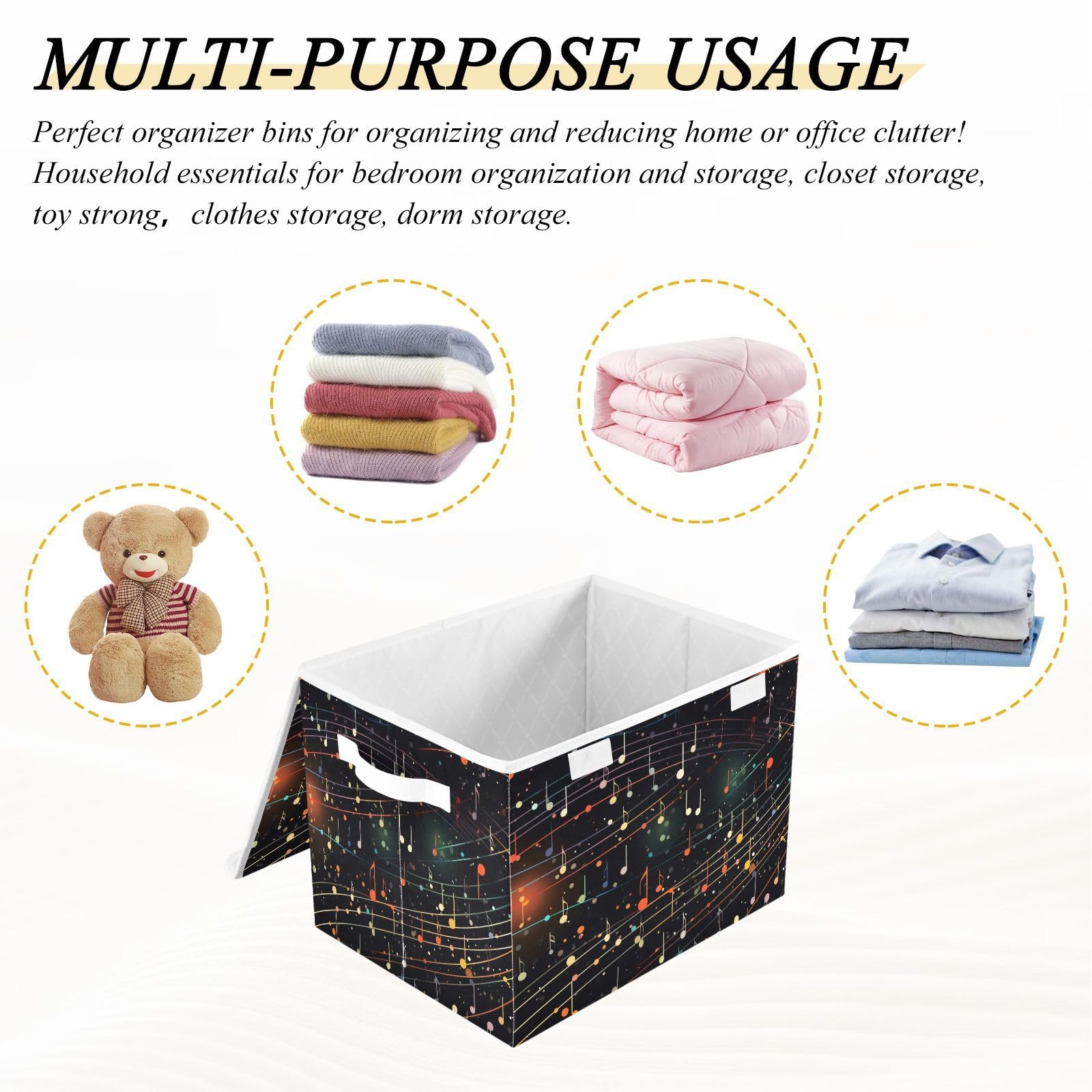 TecEr Musical-notes-black Large Fabric Foldable Storage Bins with Lids and Handle, Decorative Storage Box Cube for Shelves Closet Home Bedroom Office