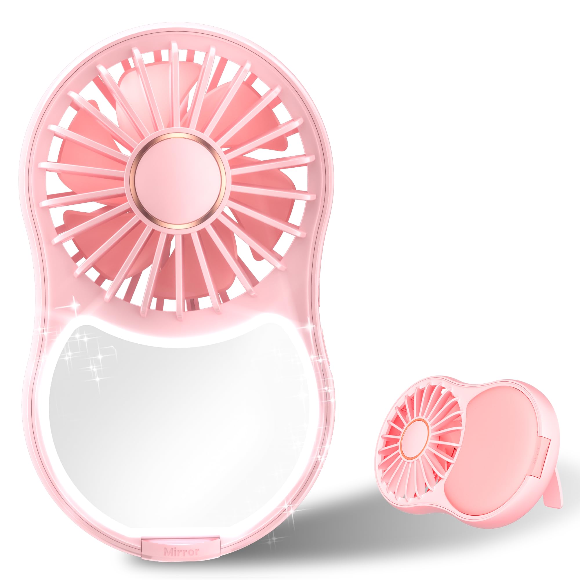 JIAGE Portable Handheld Fan, Rechargeable Mini Fan with 3-Speed, 2000mAh Battery, USB TYPE-C, Lash Fan With LED Light & Makeup Mirror, Ideal for Travel, Home, Office, Pink