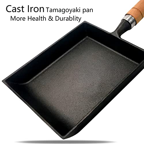 WSGSYYDS Tamagoyaki Japanese Omelette Pan Cast Iron with Wooden Lid, Square Japanese Egg Pan, Rectangle Tamago Pan with Spatula & Chopsticks 7” x 6” (Black)