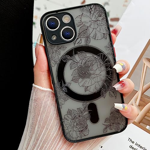 Skyseaco for iPhone 13 Mini Case Compatible with MagSafe for Black Frosted PC Back Protector Flower Shockproof Black Floral Blooms Design Protective Women Girls Phone Case - Flower Blooms/Black