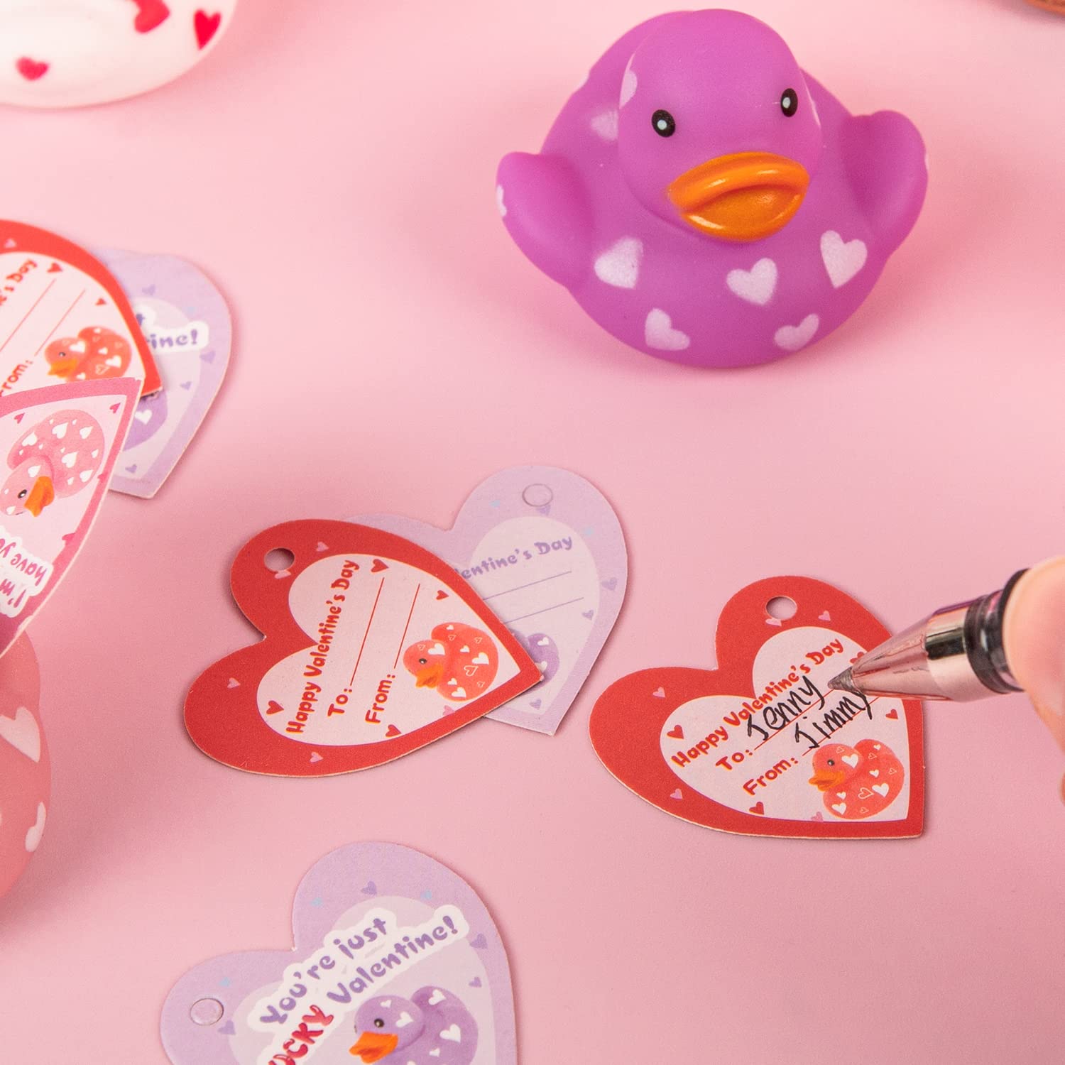 Kiddokids 28 Packs Valentines Day Gift Cards with Cute Mini Rubber Duck 2.4x2.4 Bath Toys for School Classroom Valentine’s Exchange Greeting Cards