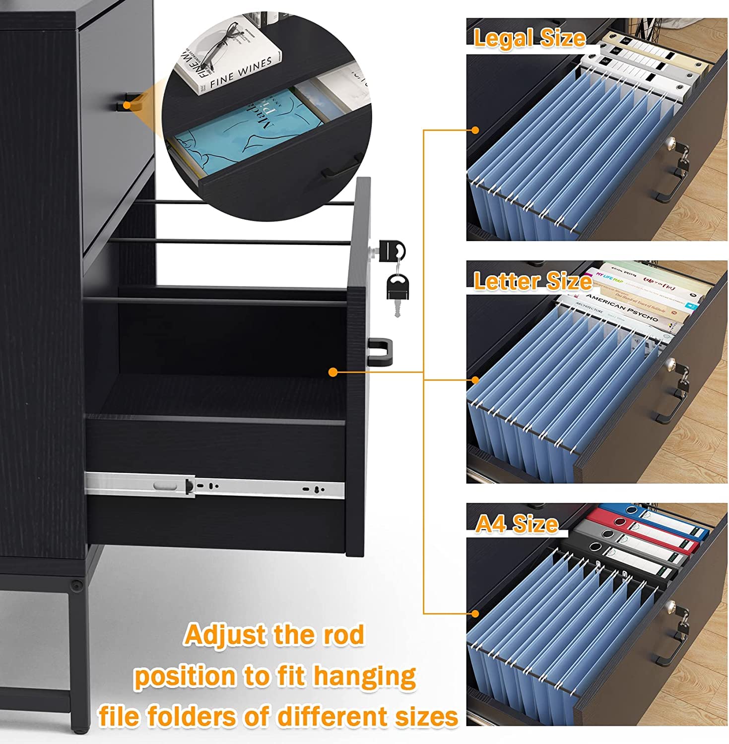 Jehiatek File Cabinets for Home Office with Lock 2 Drawer, Office Organization and Storage, Large Vertical Filing Cabinet with Bookshelf, Sturdy, Durable, Easy to Assemble and Clean (Black)