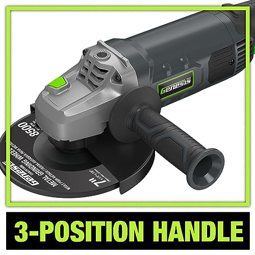 Genesis Angle Grinder 15 Amp 7 Inch 8,500 RPM Corded with 3-Position Side Handle, Wheel Guard and Grinding Wheel and 2 Year Warranty (GAG1570), Gray