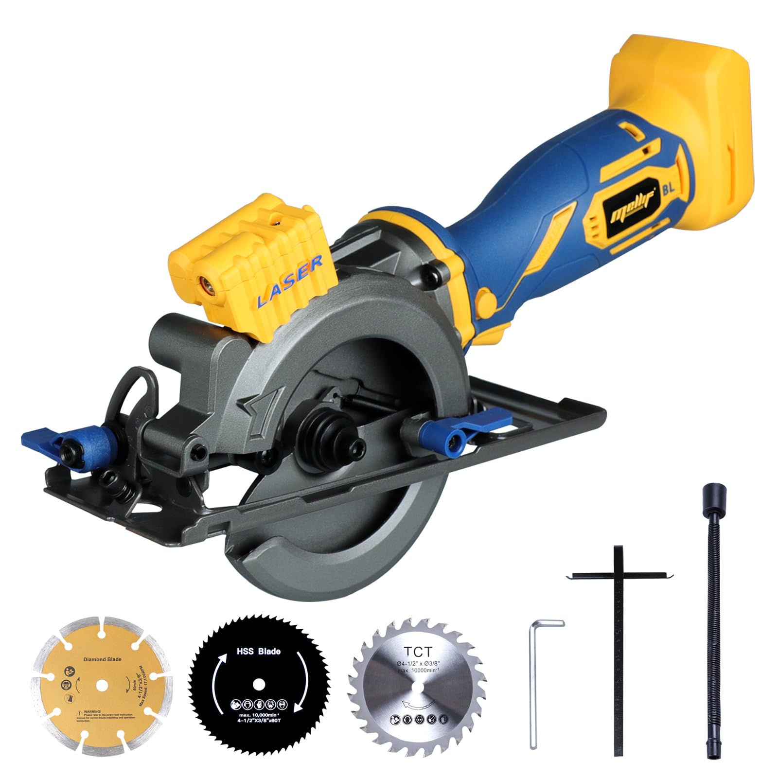 Mini Circular Saw Compatible with DeWalt & Mellif 20V MAX Battery (Tool Only) Cordless Tile Saw with Brushless 5,000RPM, 3-Saw Blade 4-1/2", Depth 1-11/16"-90°, 1-1/8"-45°, Laser Guide for Metal, Wood