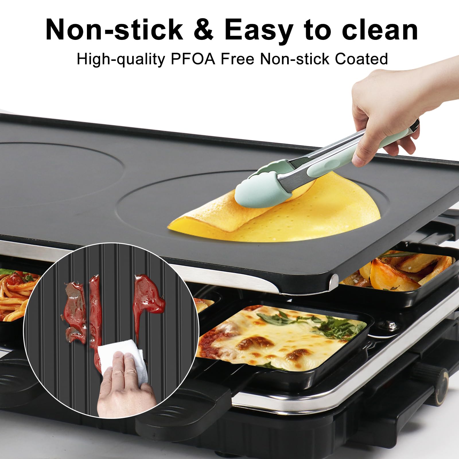 Raclette Table Grill, Electric Griddle Korean BBQ Grill Indoor Grill, 2 in 1 Electric Griddle Nonstick with 8 Raclette Cheese Pans Adjustable Temperature Control 1300W Ideal for Family and Party Fun