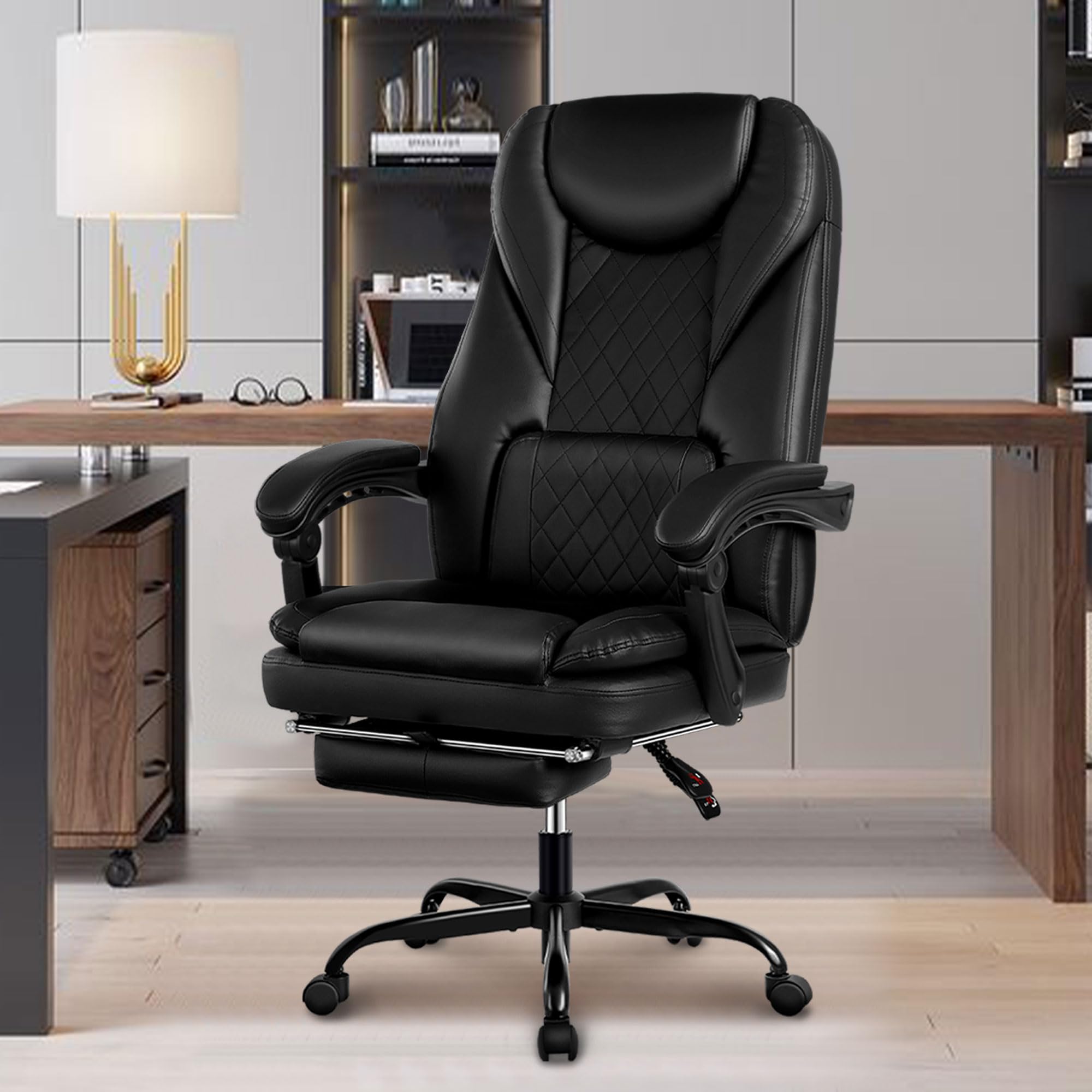 Guessky Executive Office Chair, Big and Tall Office Chair with Foot Rest Reclining Leather Chair, High Back Ergonomic Home Office Desk Chair(Black)