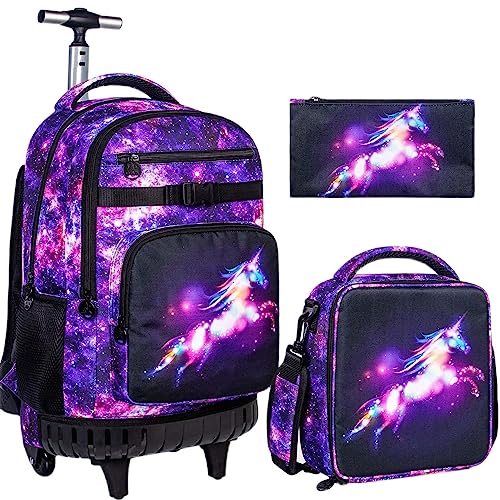 UFNDC 3PCS Rolling Backpack for Women, Adults Unicorn Backpacks with Wheels for Girls,Travel Roller Wheeled Bookbag