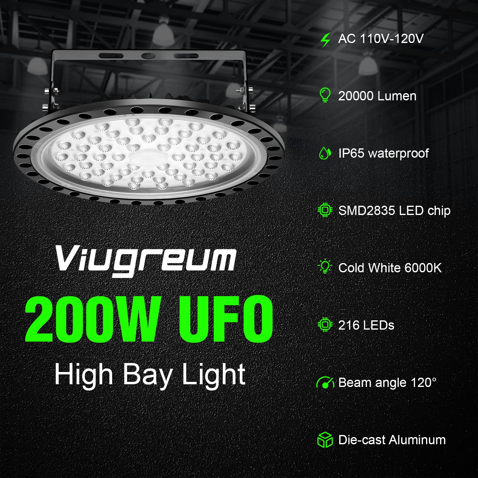 Viugreum 10 Pack 200W UFO LED High Bay Lights, 20000LM 6500K Daylight White Ultra Thin Highbay Light Fixtures, 110V IP65 Waterproof Bay Lighting for Garage Factory Warehouse Gym