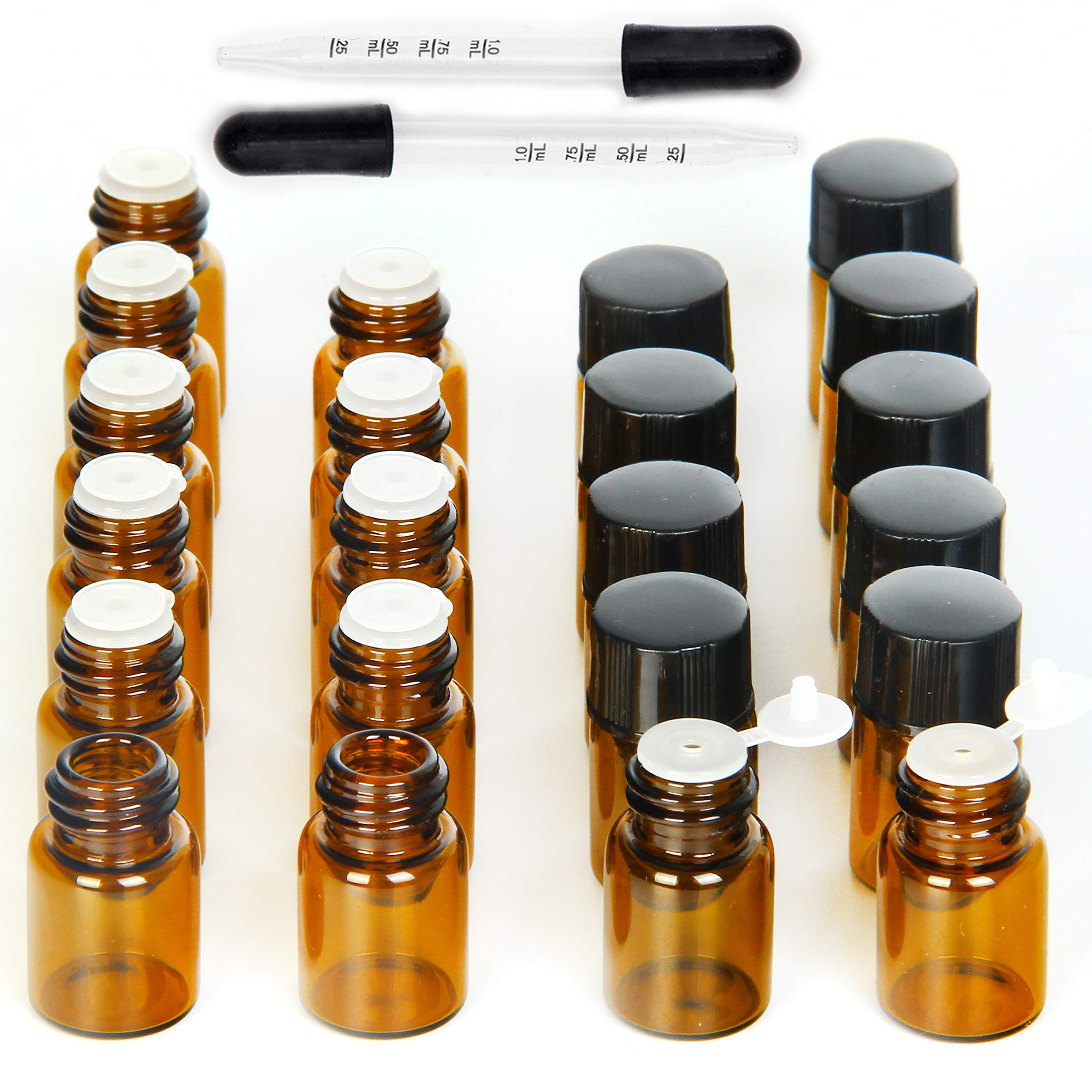 Youngever Essential Oils Bottles, 50 Pcs 2 ml Amber Glass Vials Bottles with Orifice Reducers and Black Caps, With 2 Glass Transfer Eye droppers