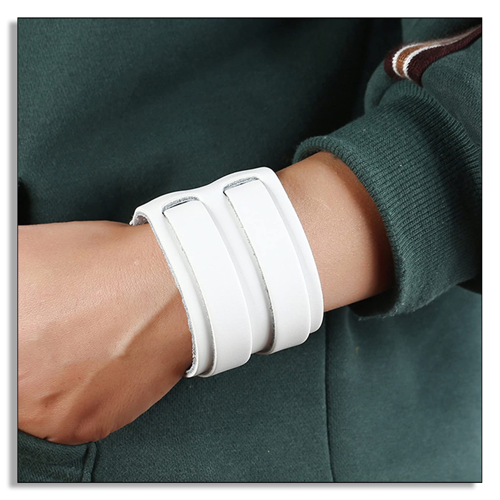 Heavstjer Punk Rock Belt Buckle Wristband Wide Leather Bracelet Arm Cuff Bracelet (White)