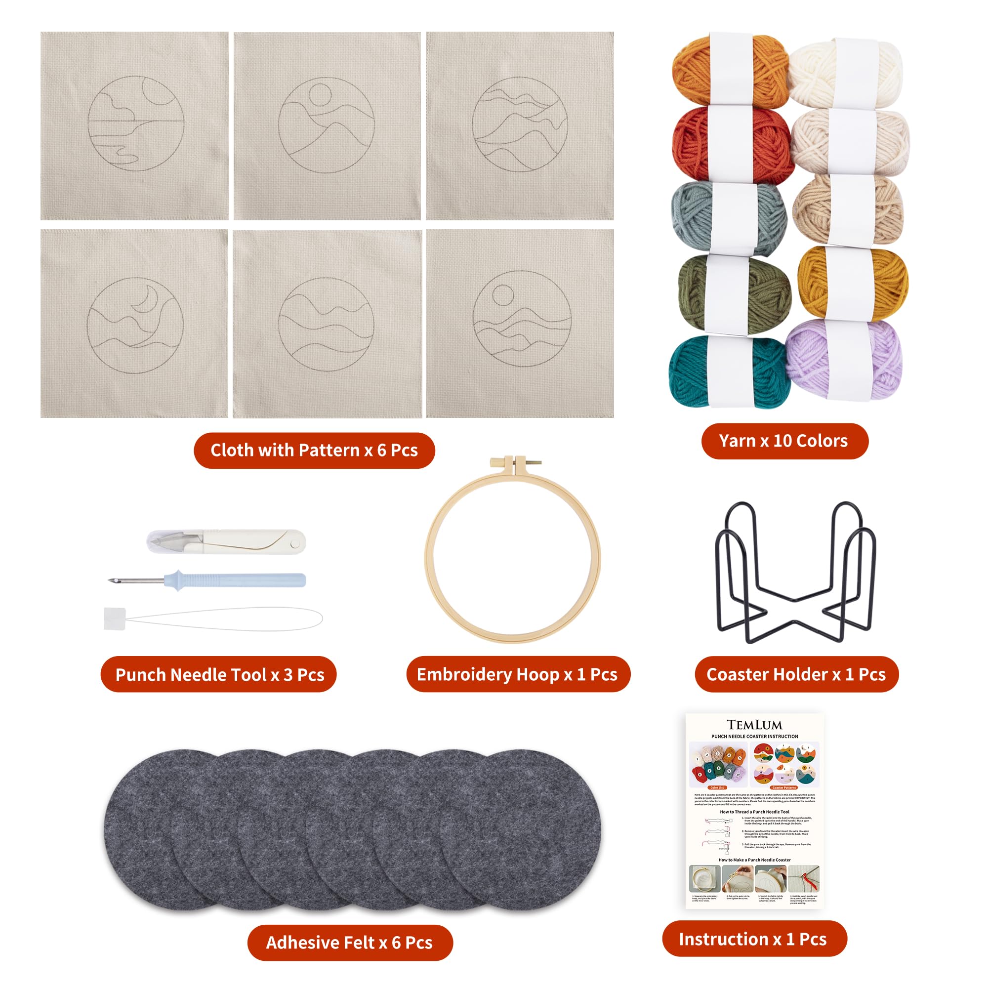 Temlum Punch Needle Coasters Kit, Punch Needle Embroidery Kit for Beginners and Adults Including Patterns, Tools, Yarns, Hoop, Instruction, Coaster Holder Coaster Art Craft Supplies (Landscape)