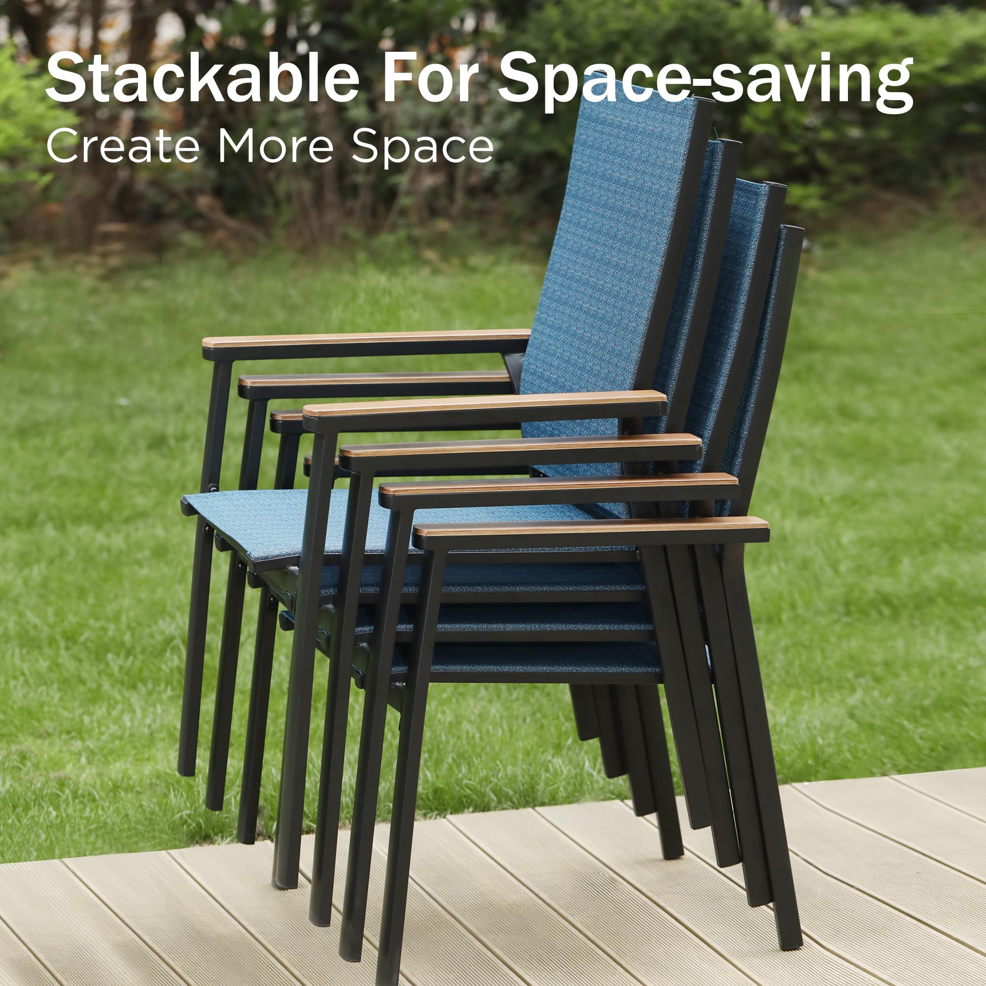 PHI VILLA Outdoor Stackable Dining Chairs Set of 2(Blue,Lightweight Aluminum Frame with Textilene Fabric & Wider Armrest,Easy to Store,Patio Chairs for Garden,Lawn