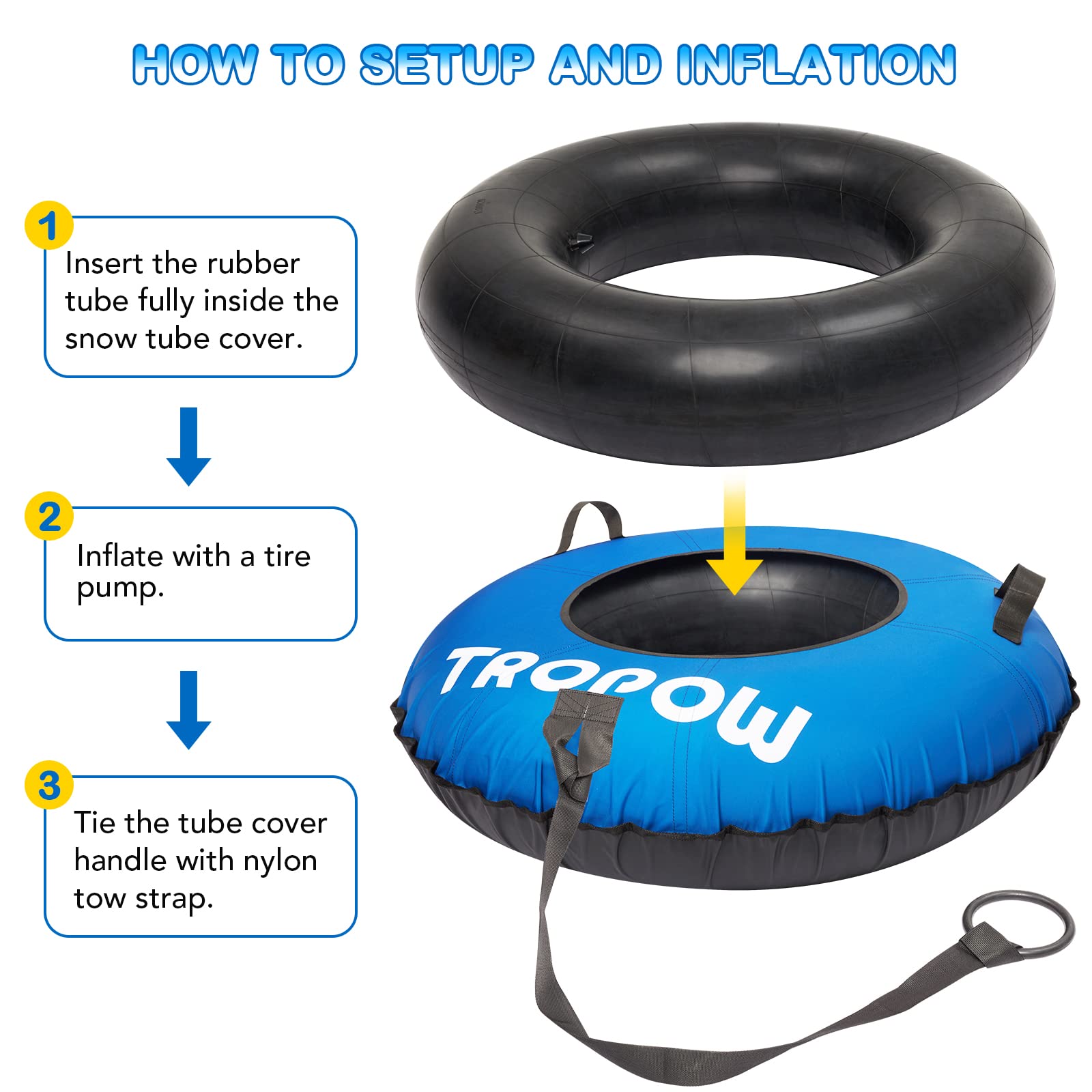 Heavy Duty Snow Tube,Inflatable 44 Inch Snow Sledding Tube, 600D Canvas Cover and Smooth Bottom with Rubber Pull Ring and Canvas Handles for Adults and Kids-Blue