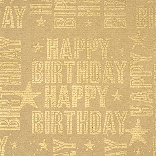 RUSPEPA Kraft Wrapping Paper Roll - Gold Happy Birthday Pattern Great for Birthday, Party, Baby Shower - 17.5 Inches X 32.8 Feet