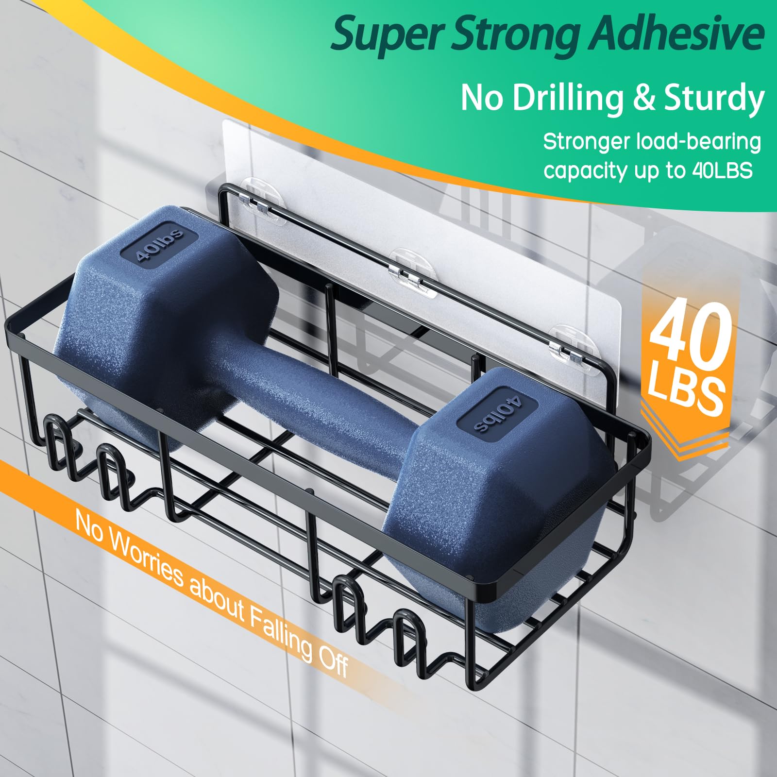 Shower Caddy 5 Pack, Adhesive Shower Organizer for Bathroom & Home & Kitchen, Rustproof Stainless Steel Shower Shelves with Hooks, No Drill, Large Capacity, Bathroom Organizer for Inside Shower