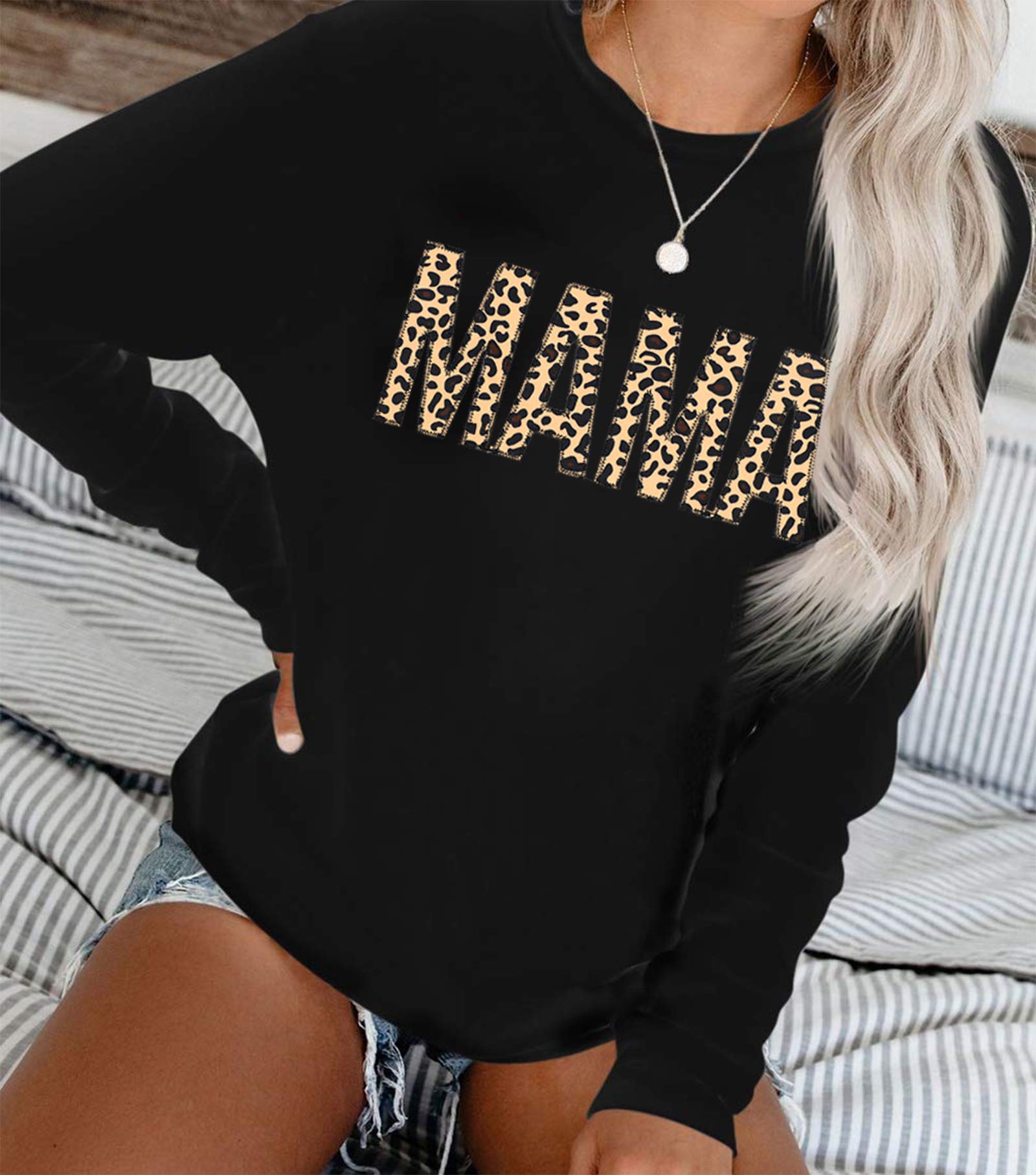EGELEXY Mama Sweatshirts Women Embroidery Mom Life Blouse Mama Crewneck Pullover Long Sleeve Tops Black