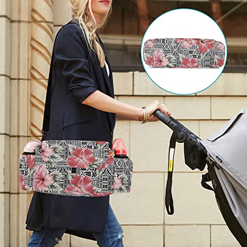 Kigai Hibiscus and Hawaiian Tribal Baby Stroller Organizer with Cup Holders, Secure Hooks Accessories Adjustable Strap Stroller Bag for Bottle, Diaper, Phone, Toys, Baby Items