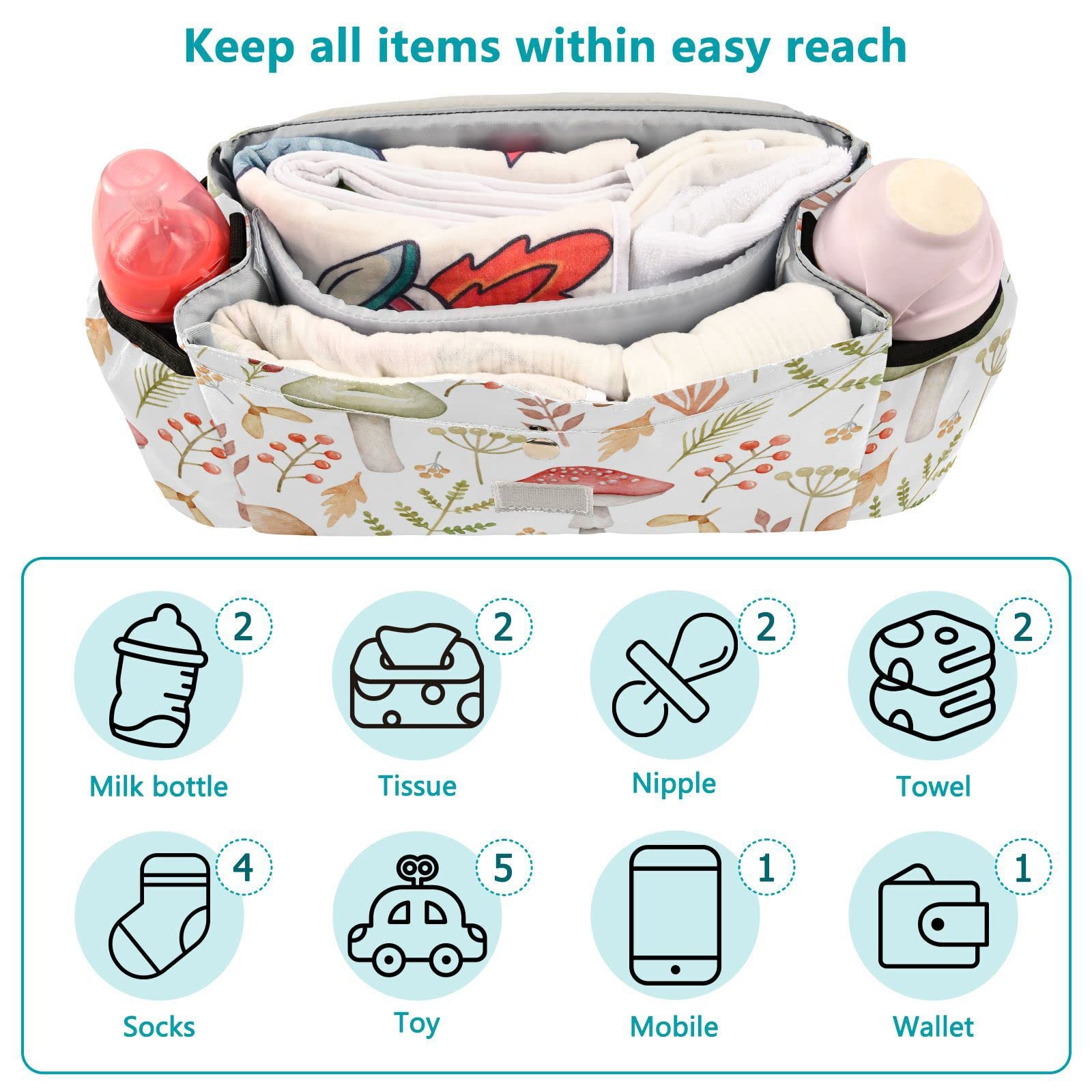 Kigai Mushroom Twig Baby Stroller Organizer with Cup Holders, Secure Hooks Accessories Adjustable Strap Stroller Bag for Bottle, Diaper, Phone, Toys, Baby Items