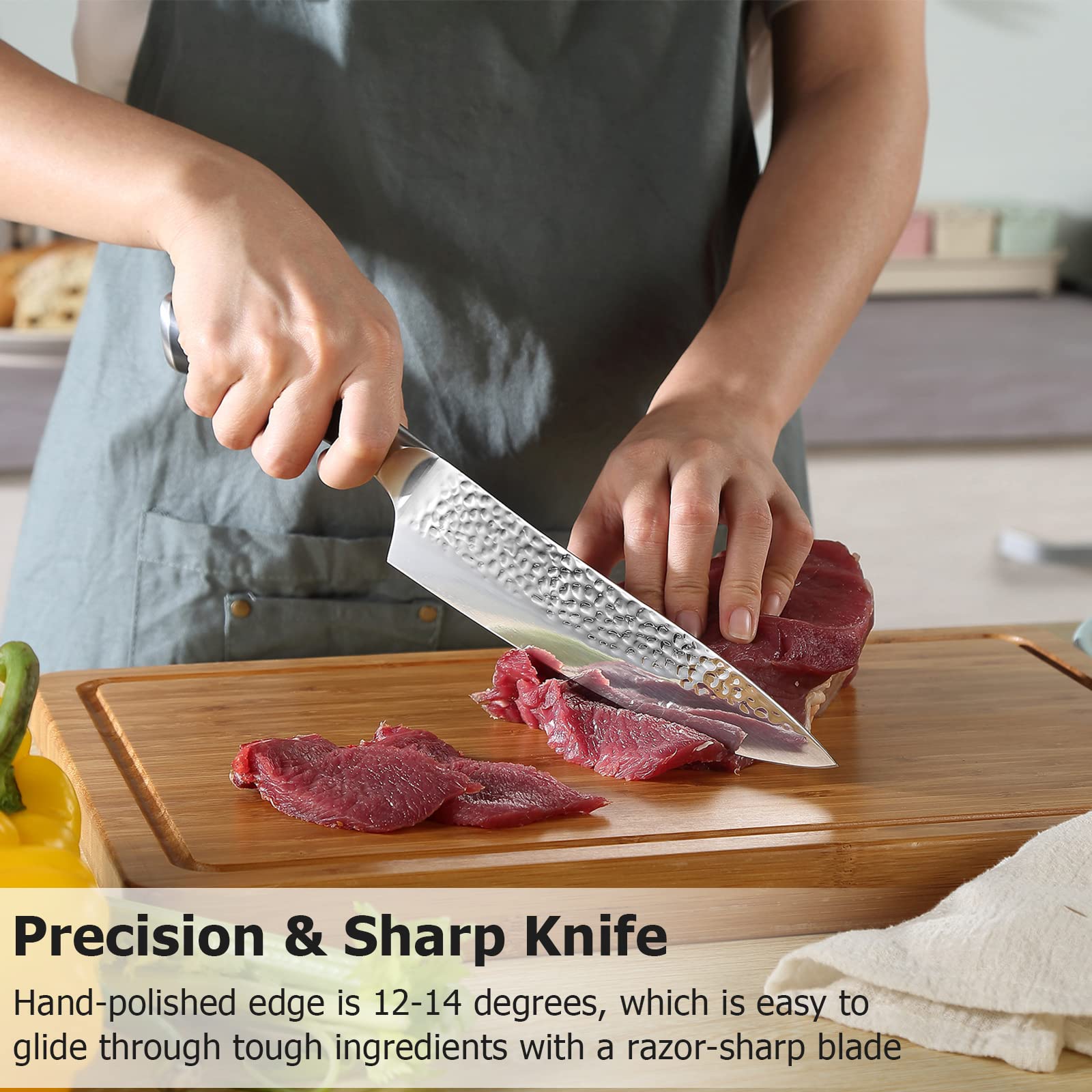 PAUDIN Kitchen Knives Set of 3, Sharp Chef Knife Set with Ergonomic ABS Handle, High Carbon Stainless Steel Knife Set, Professional Hammered Series Knives Set for Kitchen with Gift Box