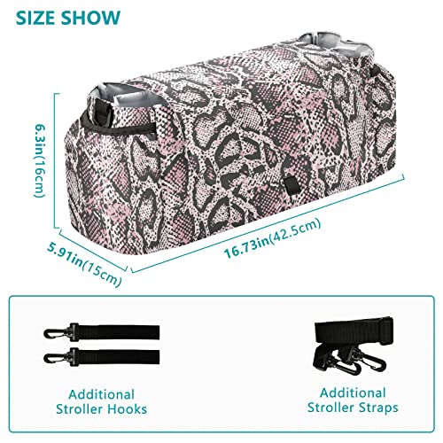 Kigai Pink Snake Print Baby Stroller Organizer with Cup Holders, Secure Hooks Accessories Adjustable Strap Stroller Bag for Bottle, Diaper, Phone, Toys, Baby Items