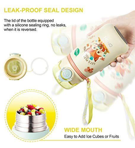 TKK Kids Insulated Water Bottle 16 oz Double Wall Vacuum Stainless Steel Thermos with Leak Proof Straw Lid & Strap Handle & Sticker (Yellow)