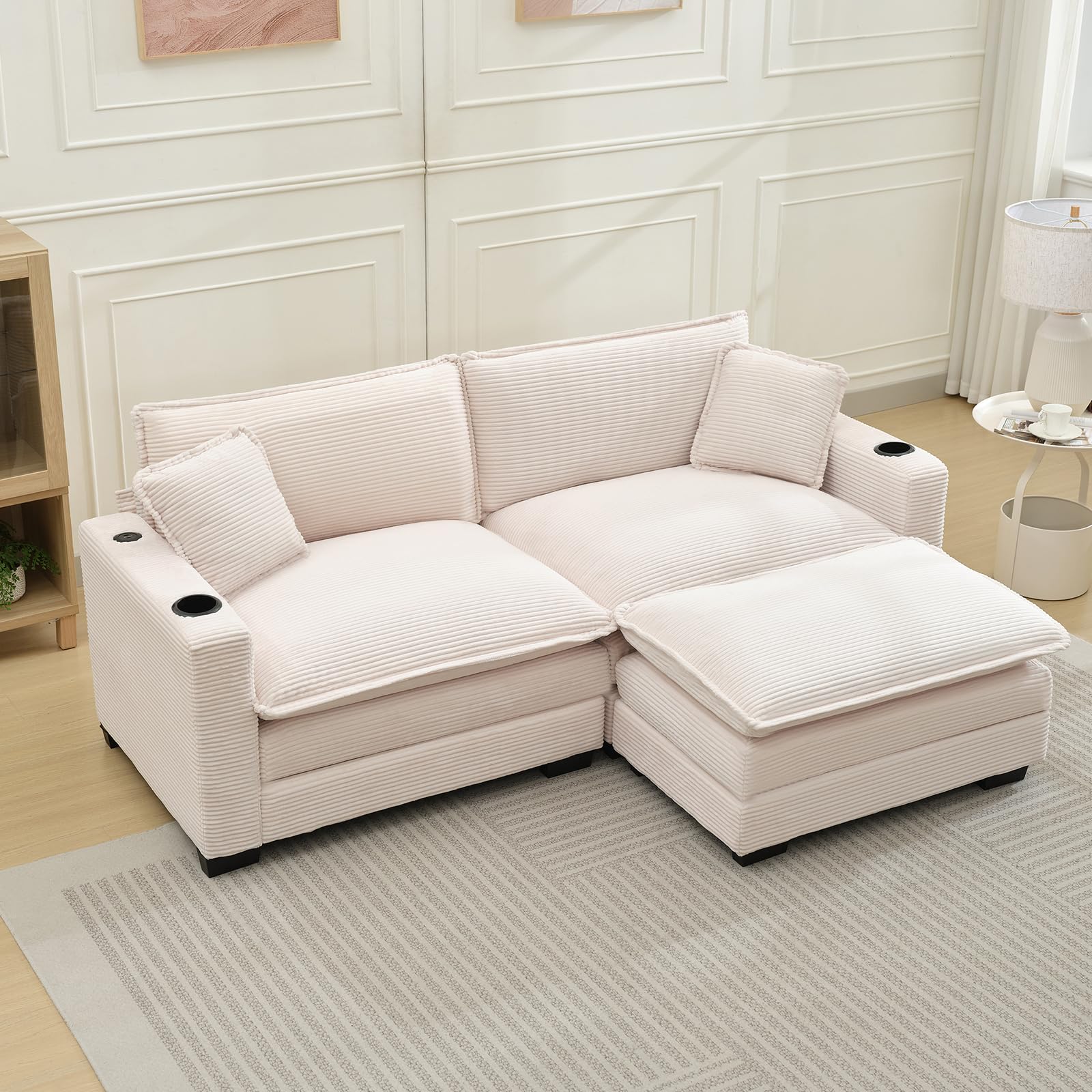 Neylory 82.7" Convertible Sectional Sofa, Cloud Couch L Shape Sofa Sleeper Loveseat with Ottoman & Cup Holder & USB Ports, Green Couch Corduroy Comfy Couches for Small Living Room, Apartment
