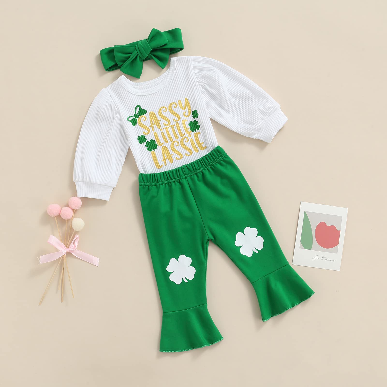 Toddler Baby Girl St. Patrick's Day Outfits Letter Print Romper Long Sleeve Jumpsuit Clover Flared Pants Headband (1#Green, 12-18 Months)
